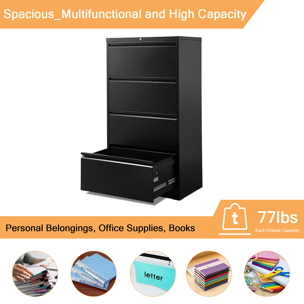 Lateral Metal Lockable File Cabinet with 4 Storage Drawers Black