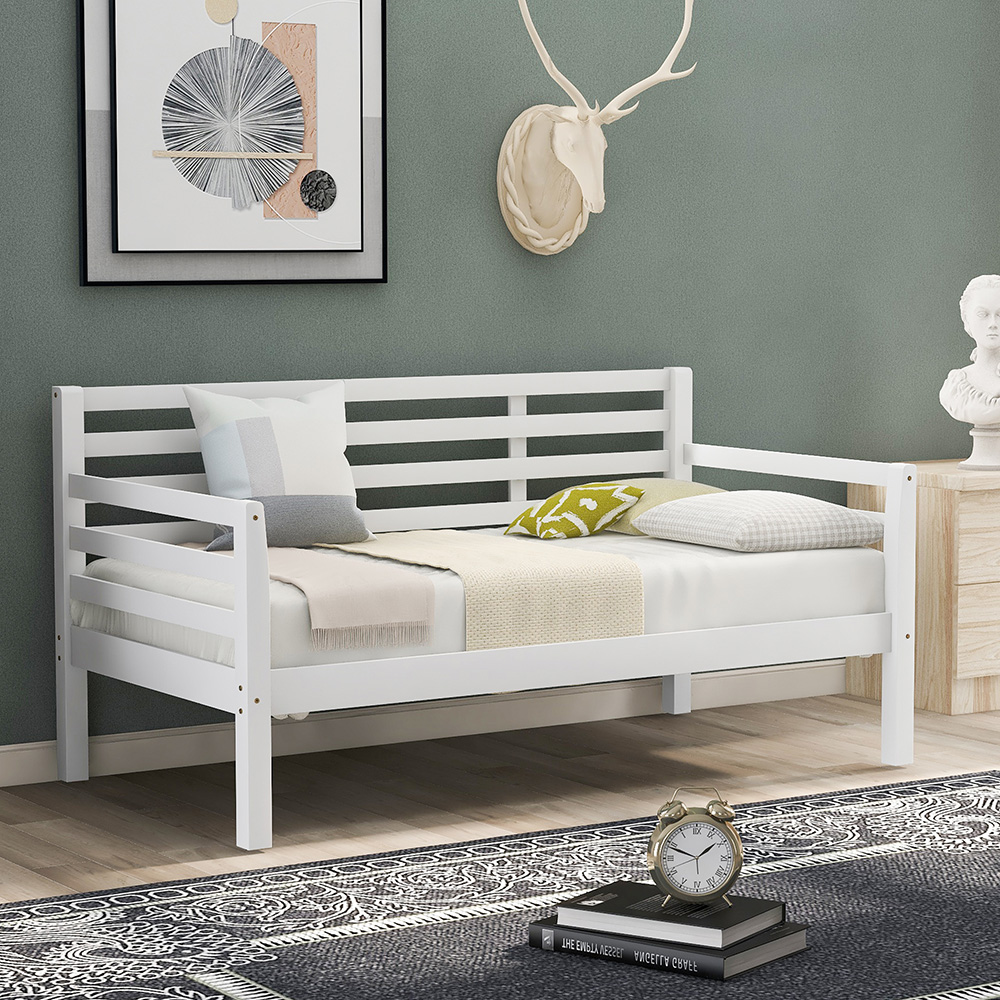 Twin-Size Wooden Daybed Frame with Guardrail White