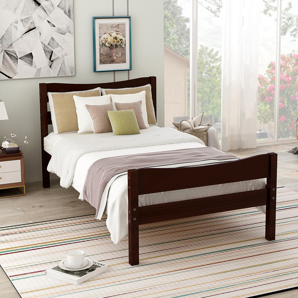 Twin Size Wooden Platform Bed Frame with Headboard Espresso
