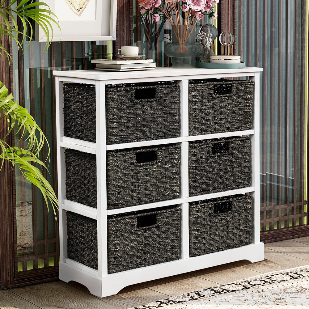 TREXM 28" Console Table with 6 Rattan Baskets Vintage White