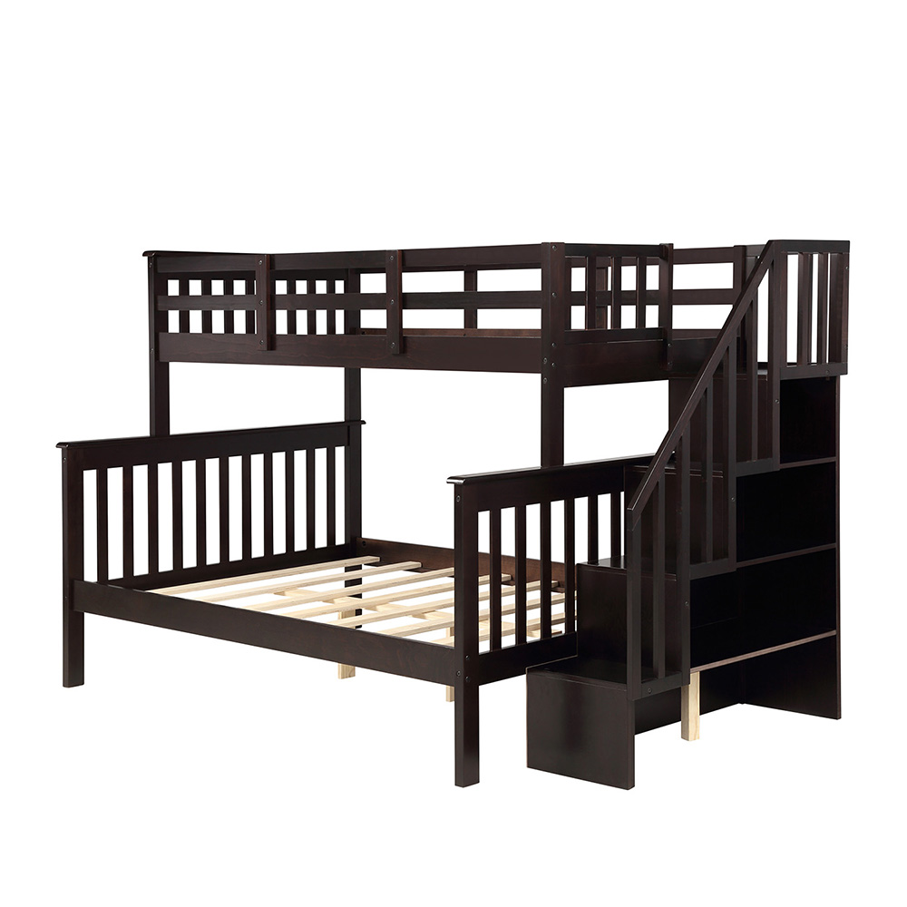 Twin-Over-Full Size Bunk Bed Frame with Storage Stairs Espresso