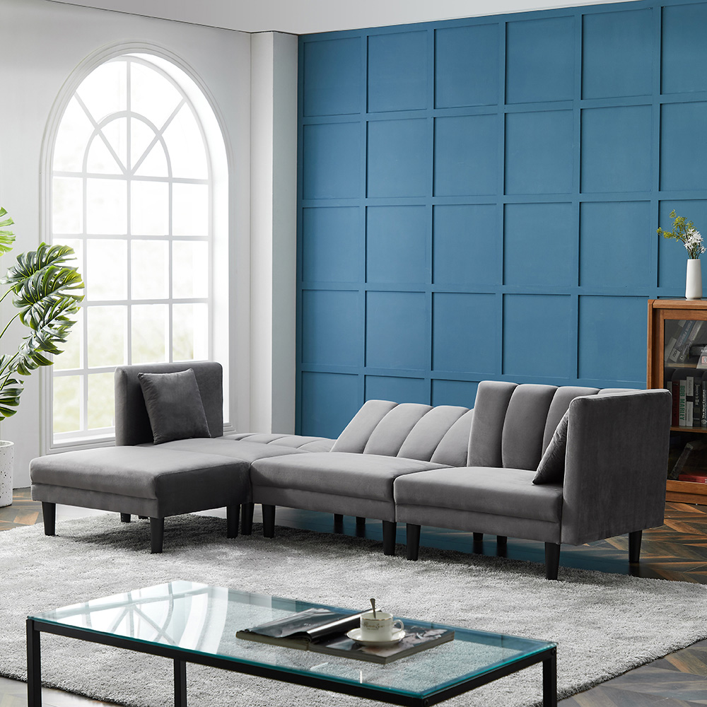 4-Seat Velvet Upholstered Convertible Sectional Sofa Bed Dark Gray