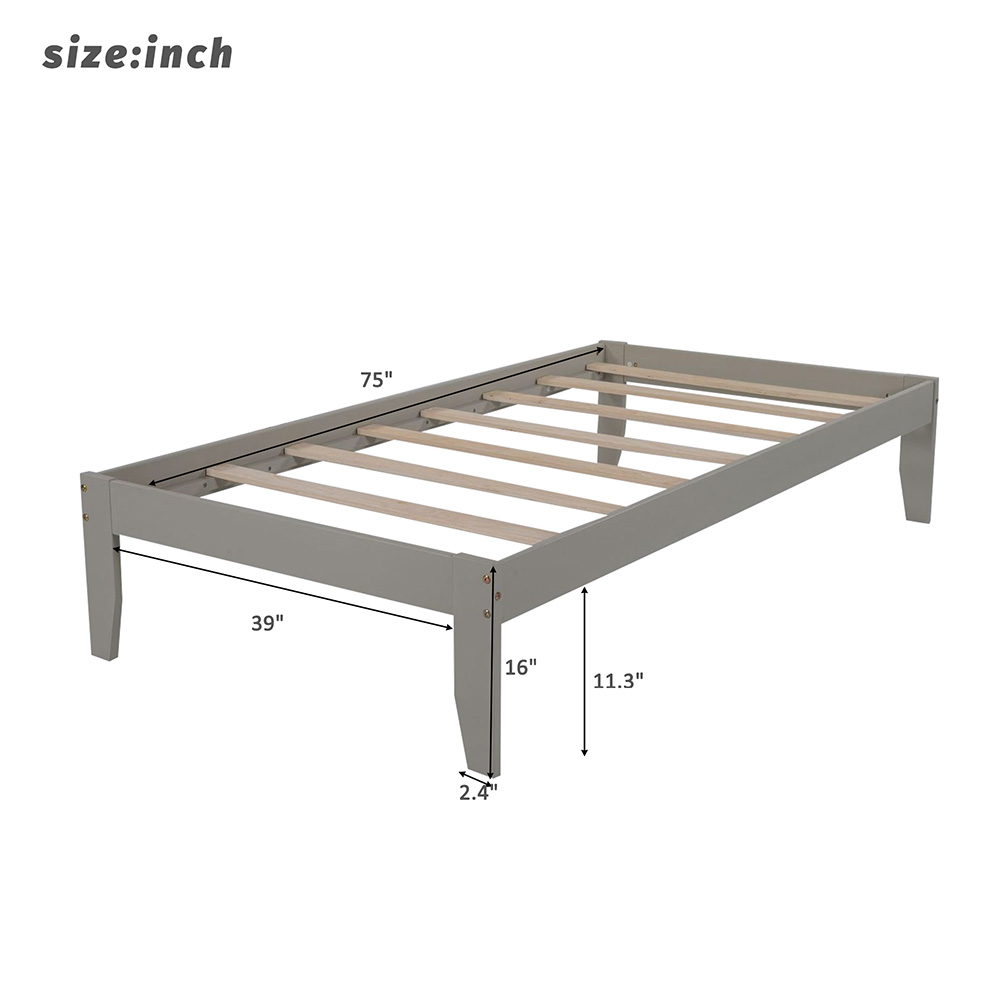 Twin-Size Platform Bed Frame with Wooden Slats Support Gray