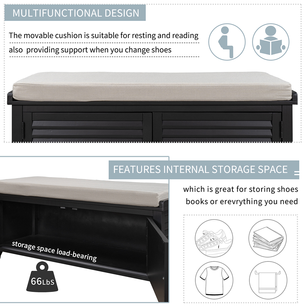 TREXM 43.4" Louver Design Upholstered Storage Bench Black
