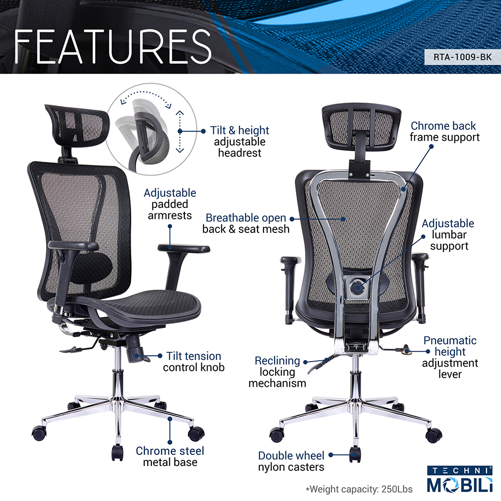 Techni Home Office Mesh Adjustable Rotatable Gaming Chair Black