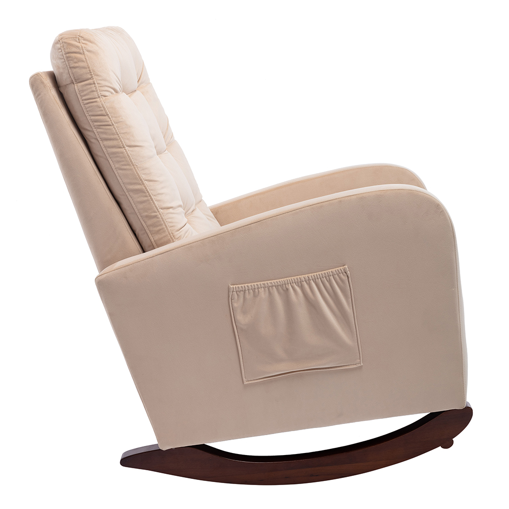 Velvet Upholstered Rocking Chair with Solid Wood Base Beige