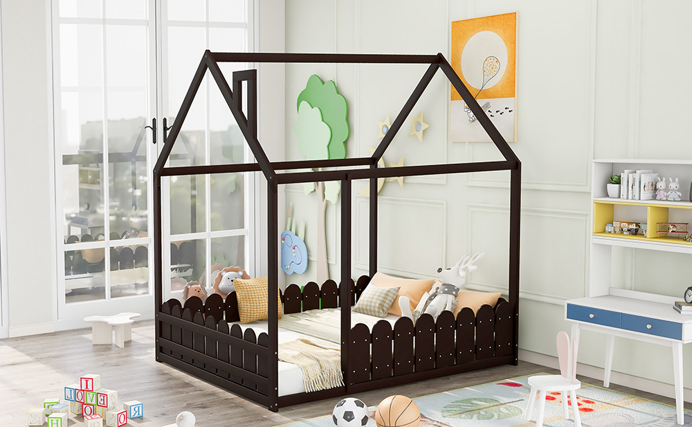 Full-Size House-Shaped Bed Frame with Fence Espresso