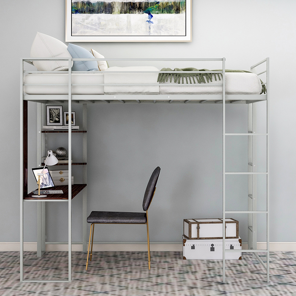 Twin-Size Loft Bed Frame with Desk, Storage Shelves Silver