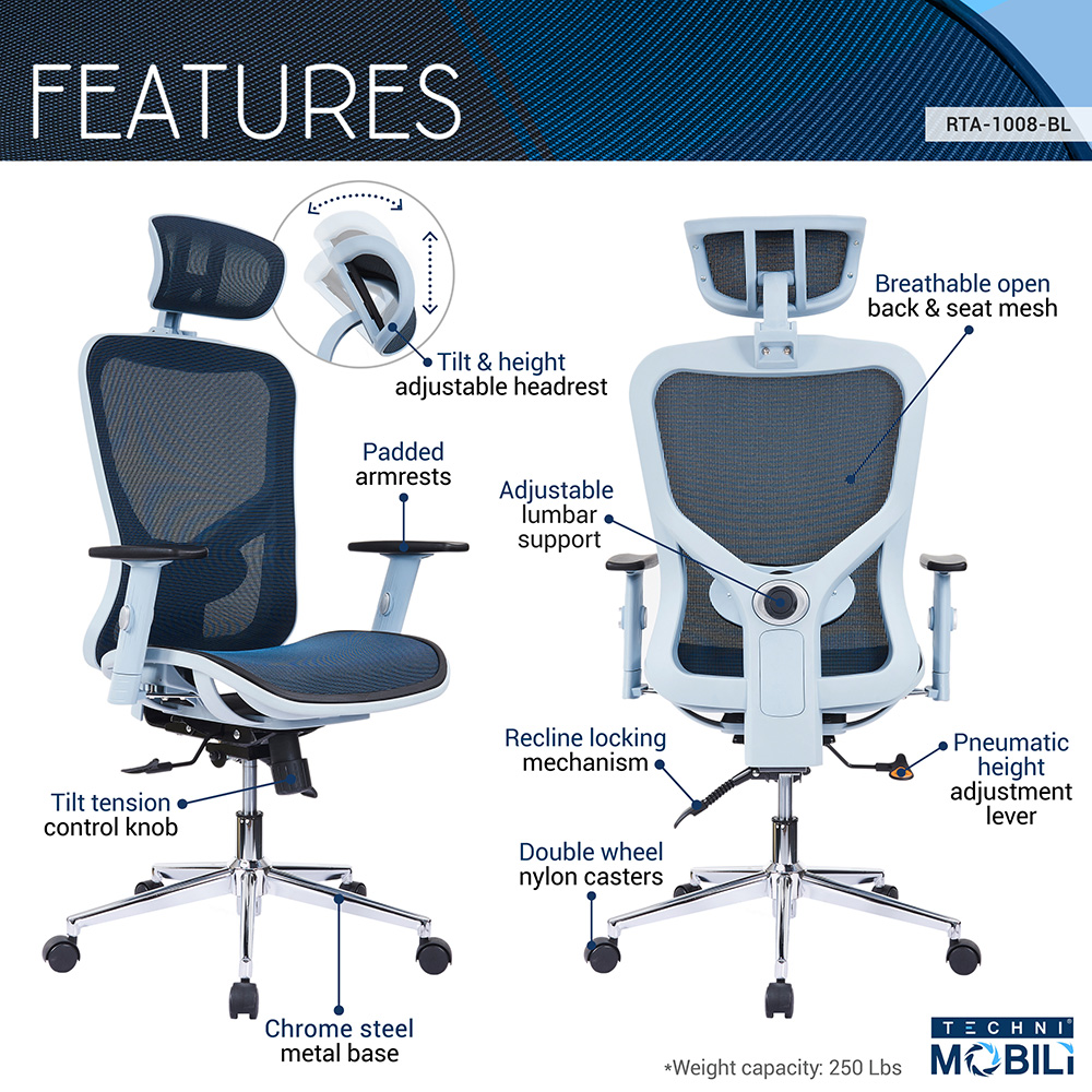 Techni Home Office Mesh Adjustable Rotatable Gaming Chair Blue