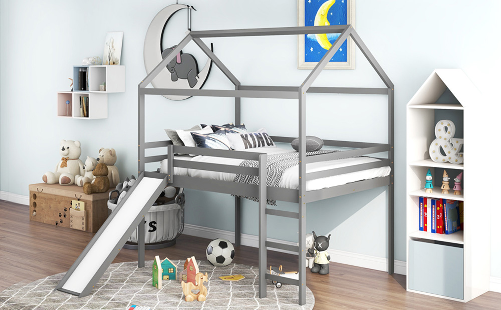 Full-Size Loft Bed Frame with Slide and Wooden Slats Support Gray