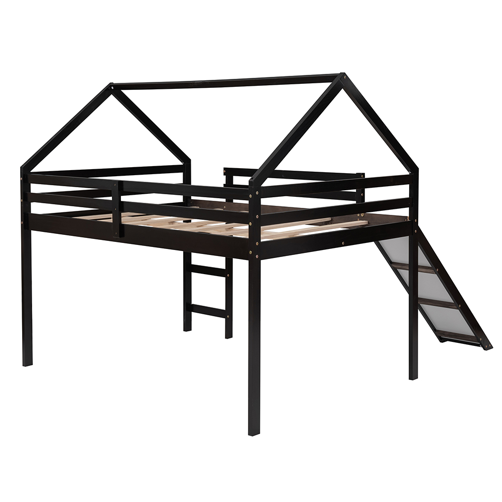 Full-Size Loft Bed Frame with Slide and Wooden Slats Support Espresso