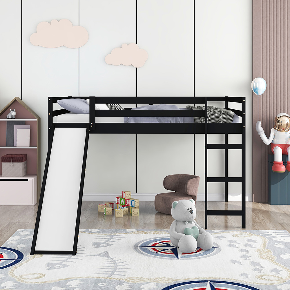 Full-Size Loft Bed Frame with Slide, Ladder Espresso
