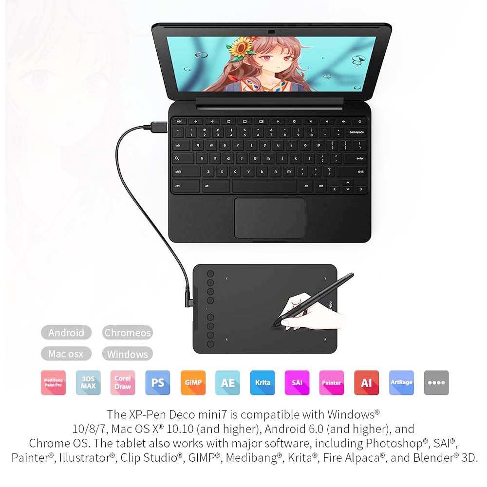 XP-PEN Deco Mini 7 Graphic Tablet 7.03 x 4.37 Inch Black