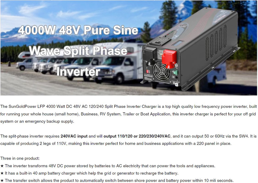 Sungoldpower 4000w Dc 48v Split Phase Pure Sine Wave Inverter Black