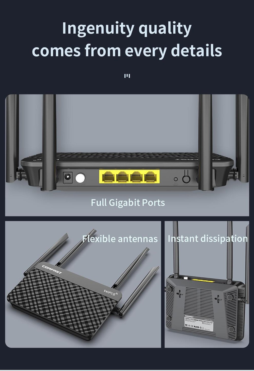 COMFAST XR11 Router 1800Mbps WiFi6 Dual Band Wireless Router Black UK