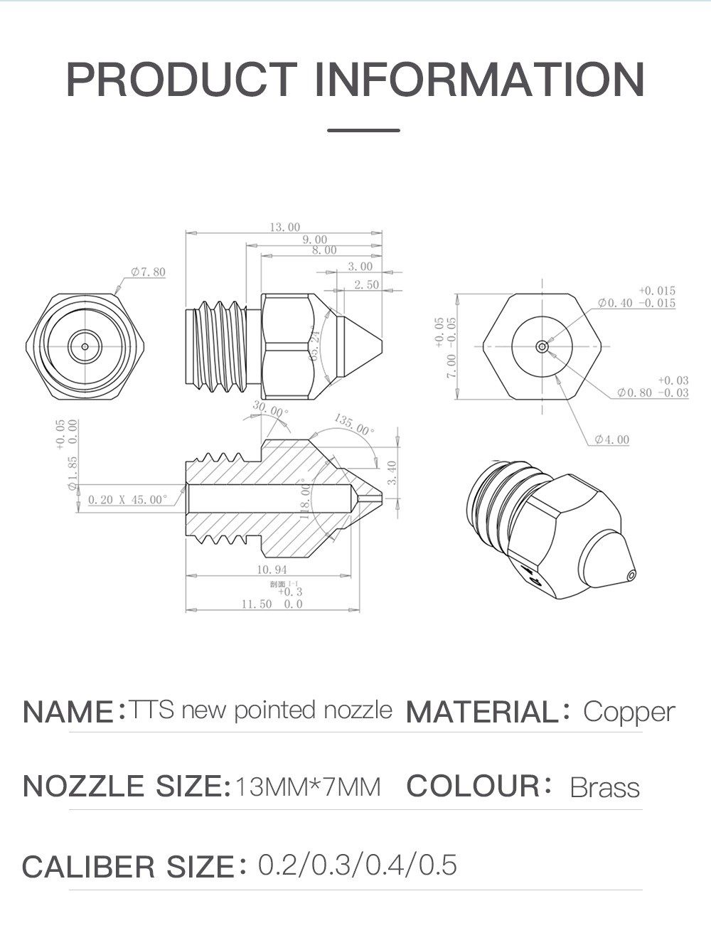 10pcs TWO TREES Copper TTS Pointed Nozzle