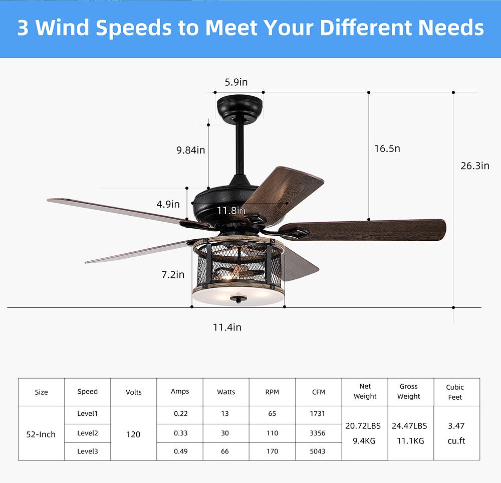 52 inch Industrial Style Ceiling Fan with Light Black