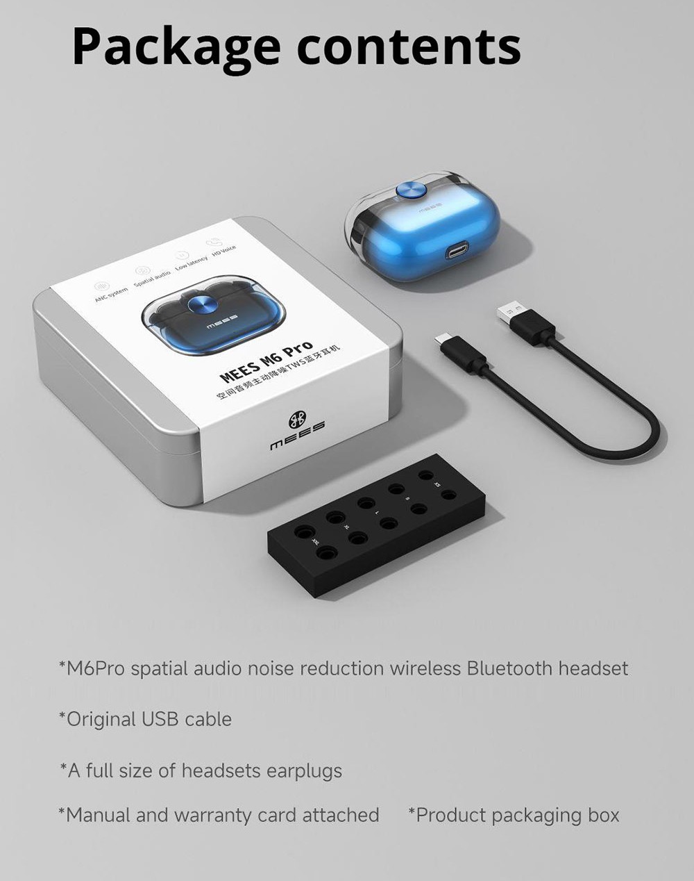 MEES M6 Pro Earbuds, ANC+ENC Deep Noise Reduction Blue