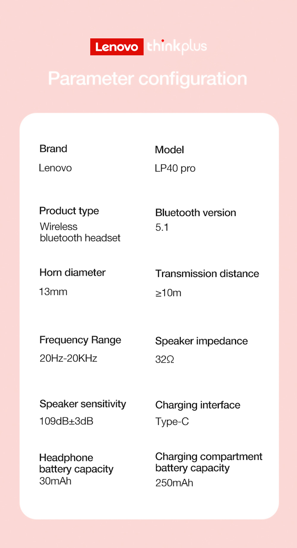 Lenovo Thinkplus LP40 Pro Wireless Bluetooth Earphone Pink