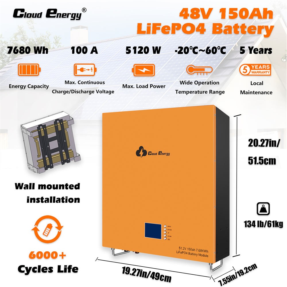 Cloudenergy 48V 150Ah Wall Mounted LiFePO4 Battery Pack