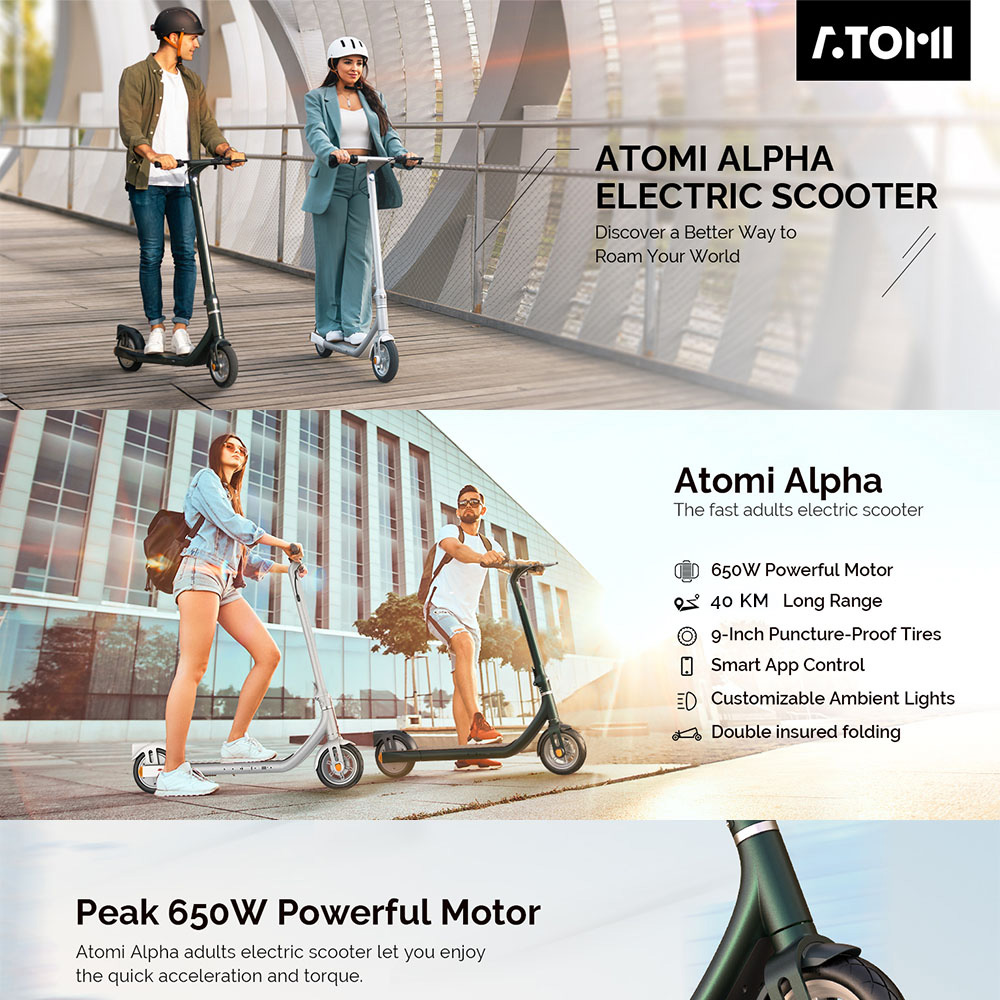 Atomi Alpha Electric Scooter 9 Inch 10Ah Peak 650W Motor 25KM/H Green