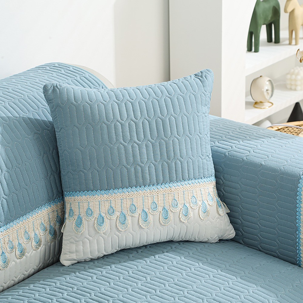 90-70cm Feather Embroidery Quilted Couch Cover Blue