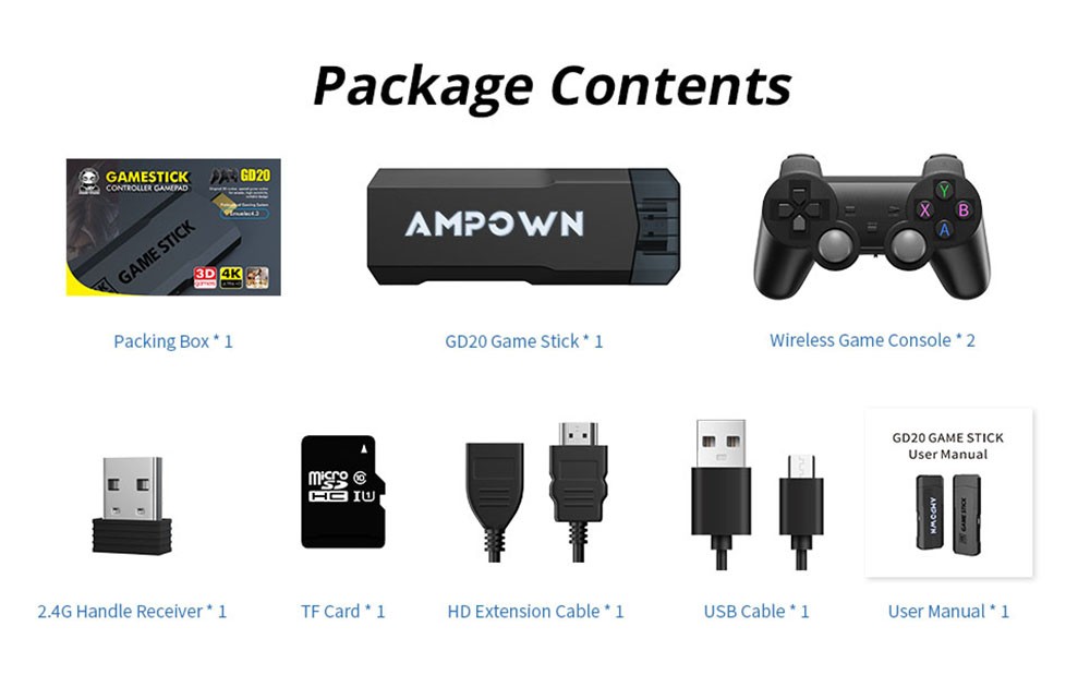 AMPOWN GD20 Game Stick 64GB TF Card 40000+ Games