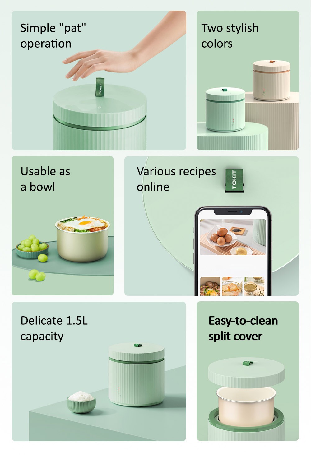 TOKIT 1.5L Mini Rice Cooker Green