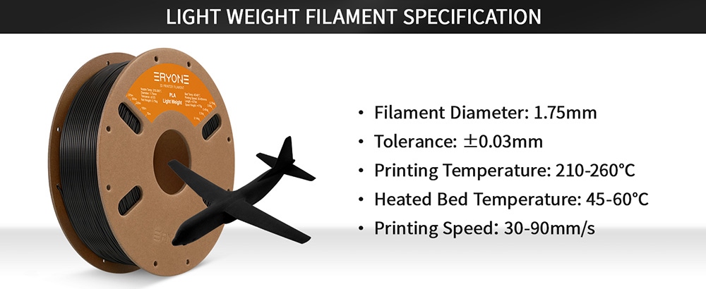 ERYONE 1.75mm Lightweight PLA 3D Printing Filament 1kg Black