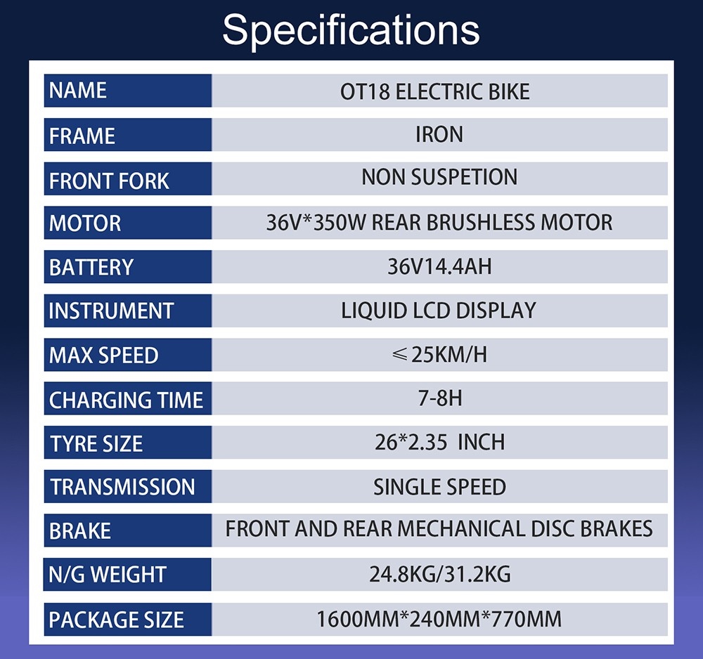 OT18 Electric Bike 26 inch 350W Motor 25km/h Speed 36V 14.4Ah - Black