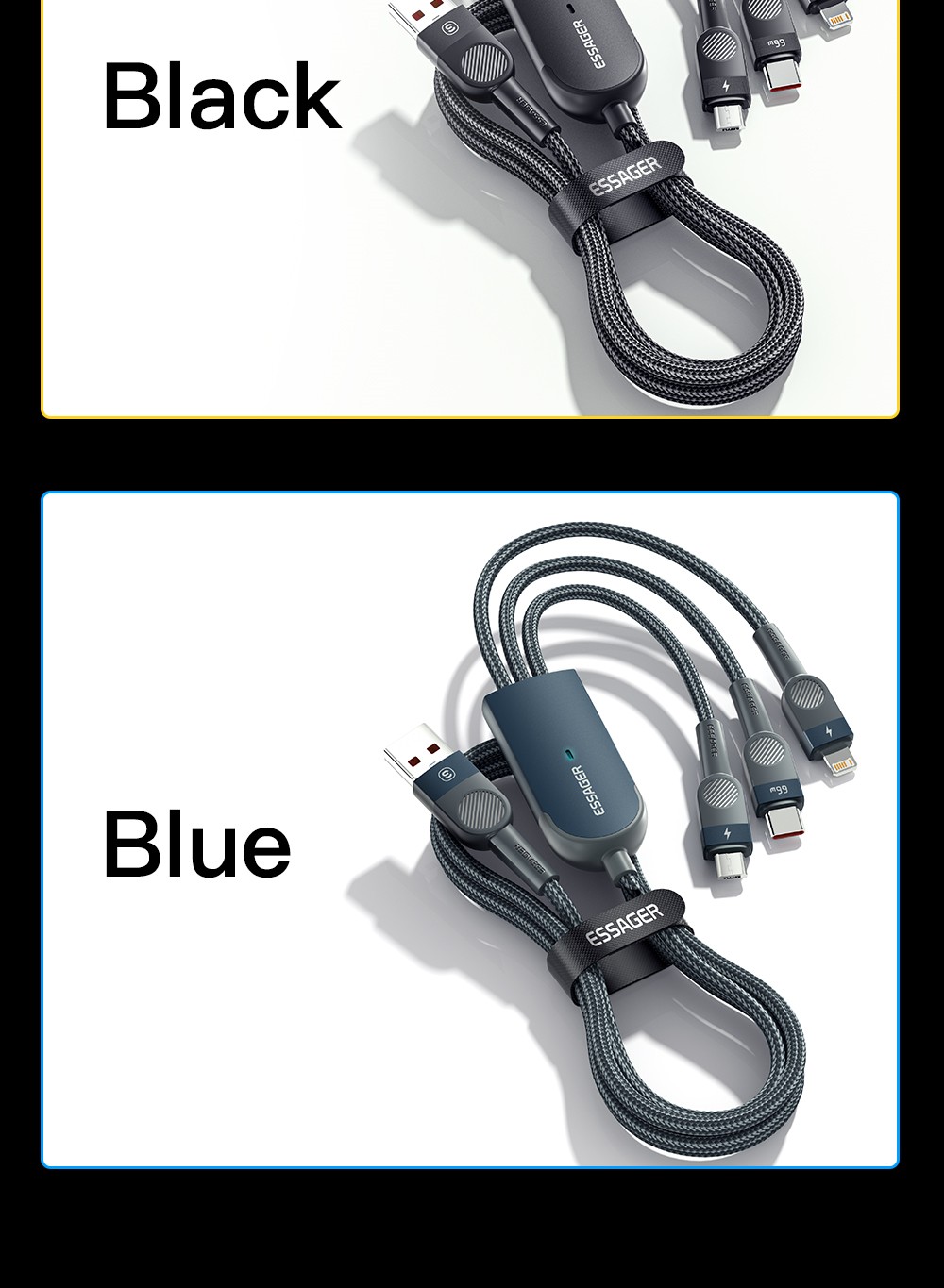 ESSAGER 3 in 1 Micro Type-C Lightning Data Cable Black