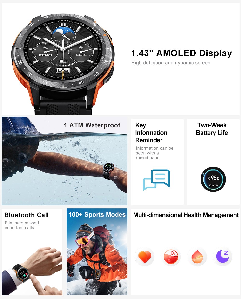 FOSSiBOT VIRAN W101 Smartwatch AMOLED Display Coffee Color