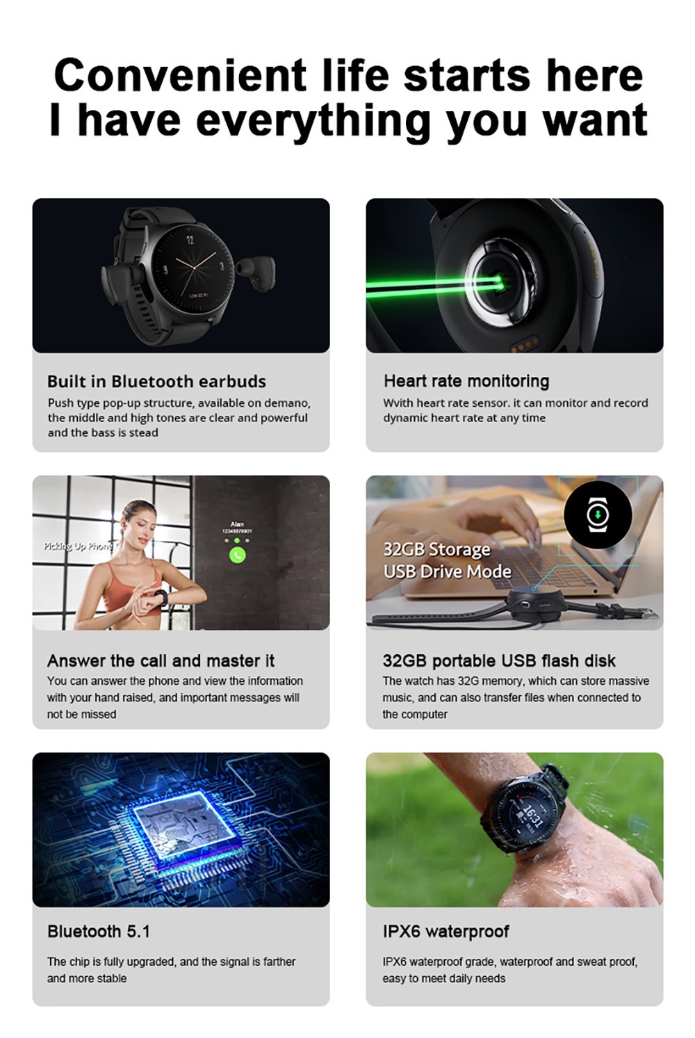 Aipower W28 Smartwatch with Wireless Earbuds - Black