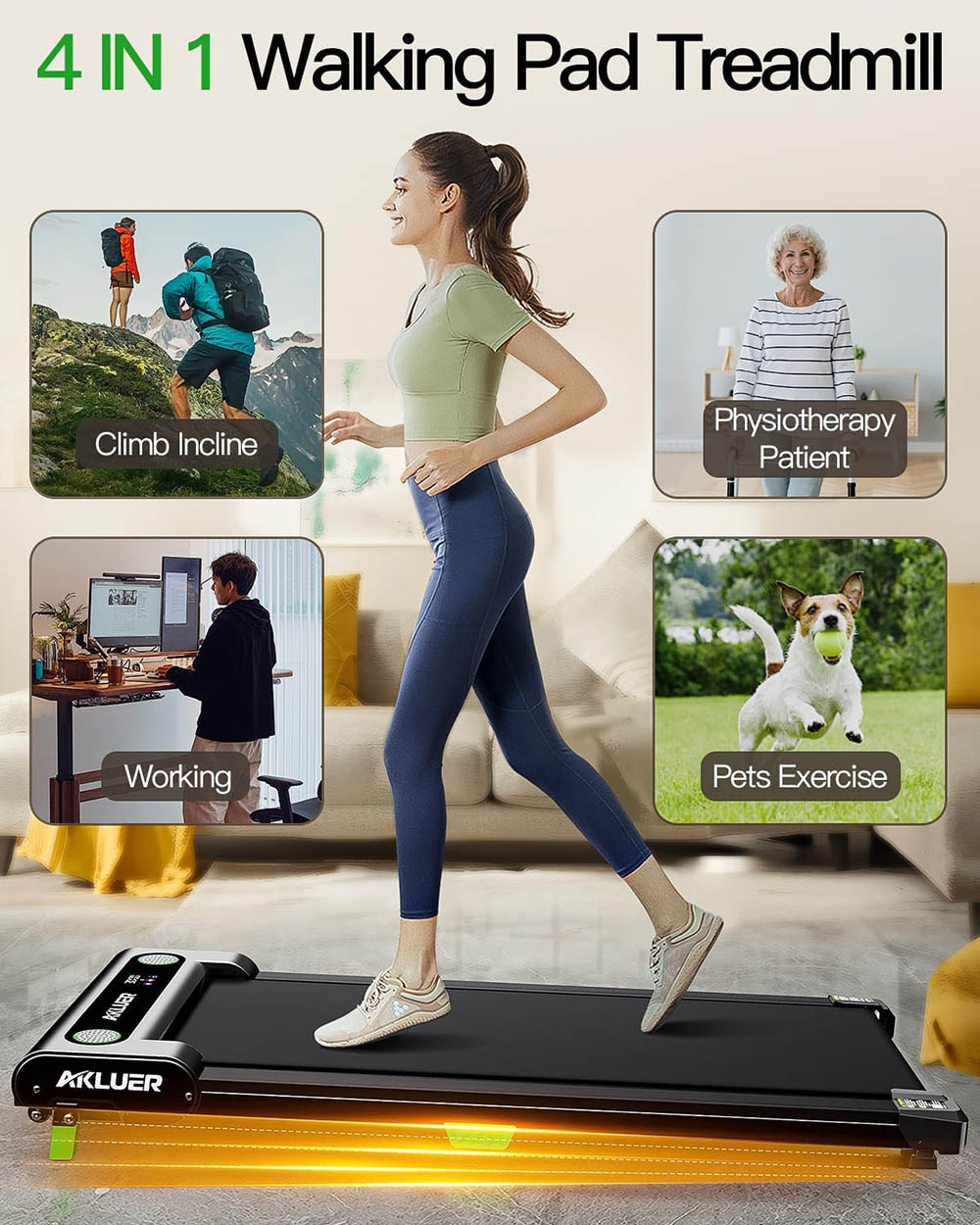Akluer 480L-A Walking Pad with Incline, 2.5HP Quiet Treadmill for Home | Europe