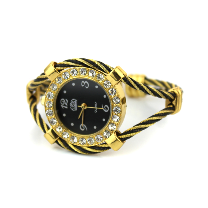 Stylish Rhinestone Lady Bracelet Watch Golden Rope Band Black Dial