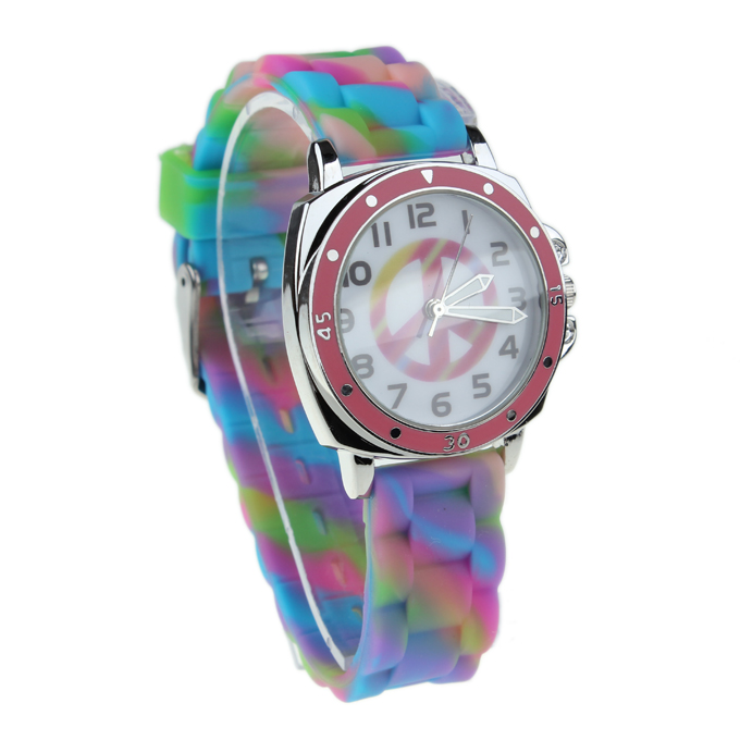 New Stylish Silicone Rainbow Strap Style Wrist Watch Red Dial