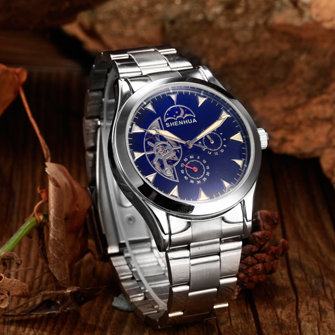 Men's Sun and Moon Design Stainless Analog Auto-Mechanical Watch