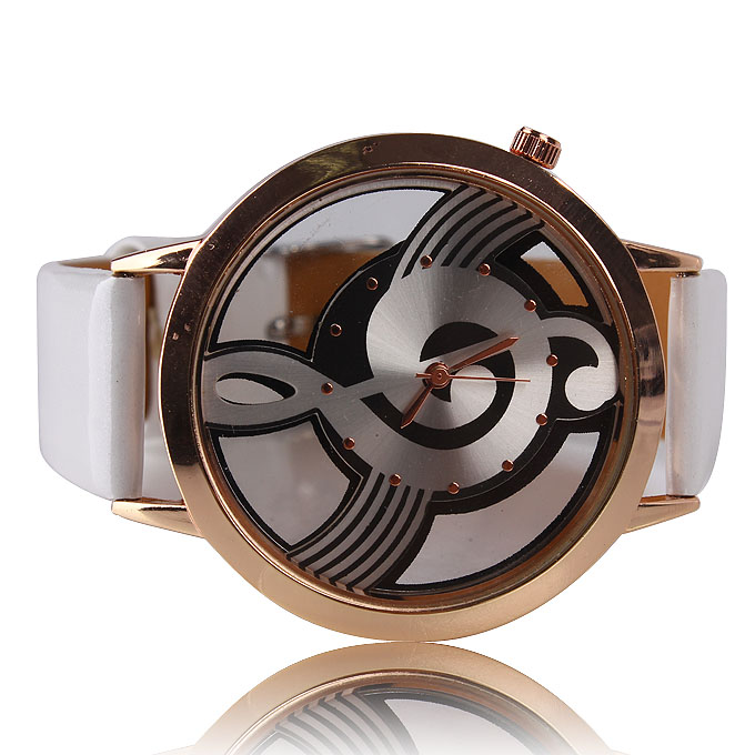 Stylish Musical Note Pattern Golden Round Dial Women's Wrist Watch - White