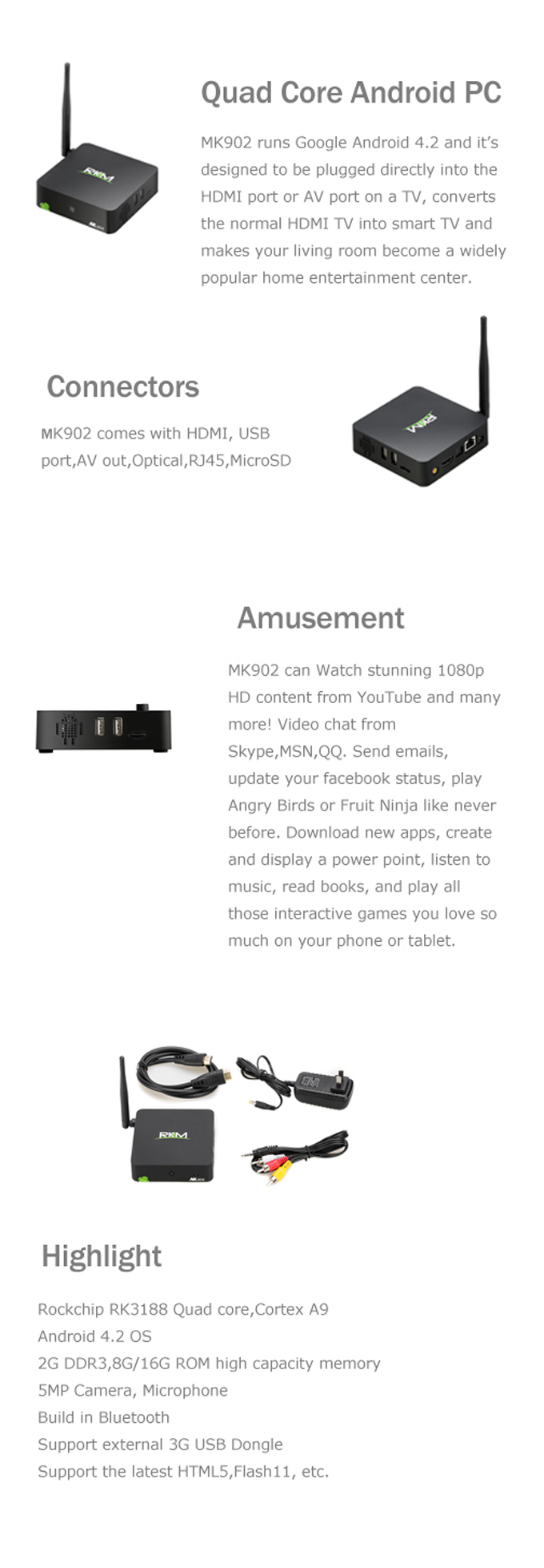 Rikomagic RKM MK902 RK3188 1.6GHZ Android TV BOX 2G/8G 5.0MP Camera