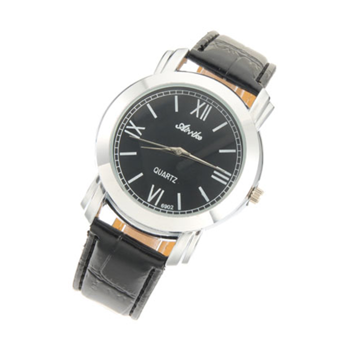 Roman Numerals Men's Analog PU Black Band Quartz Wrist Watch