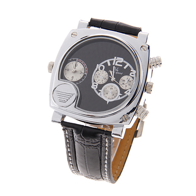 V6 Men's Analog PU Double Movemenet Quartz Wrist Watch - Black