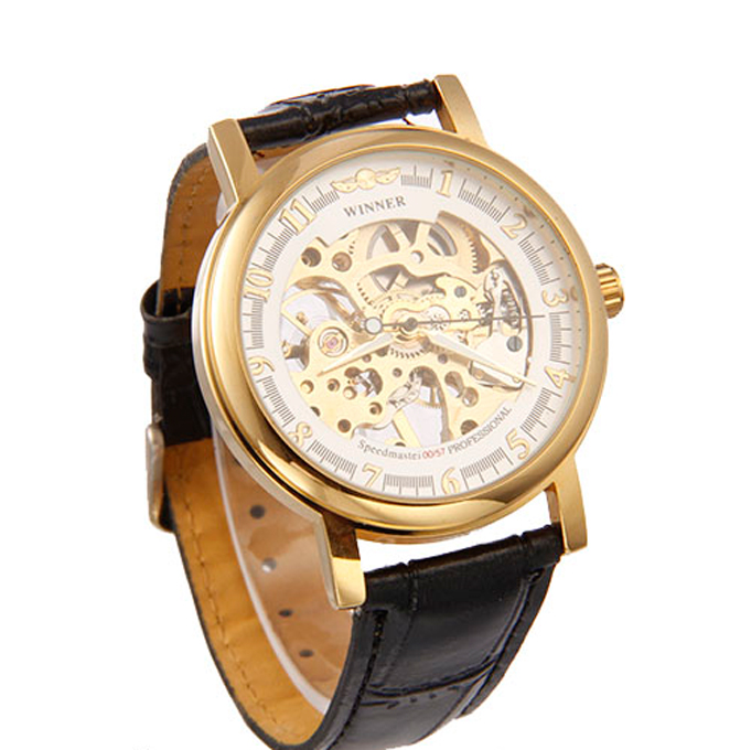 Men's Mechanical Analog Hollow PU Wrist Round Dial Watch - Golden