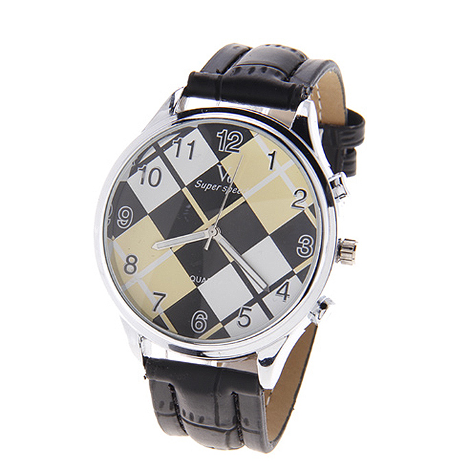 V6 Men's Analog Checkered Quartz Round Dial Leather Band Watch