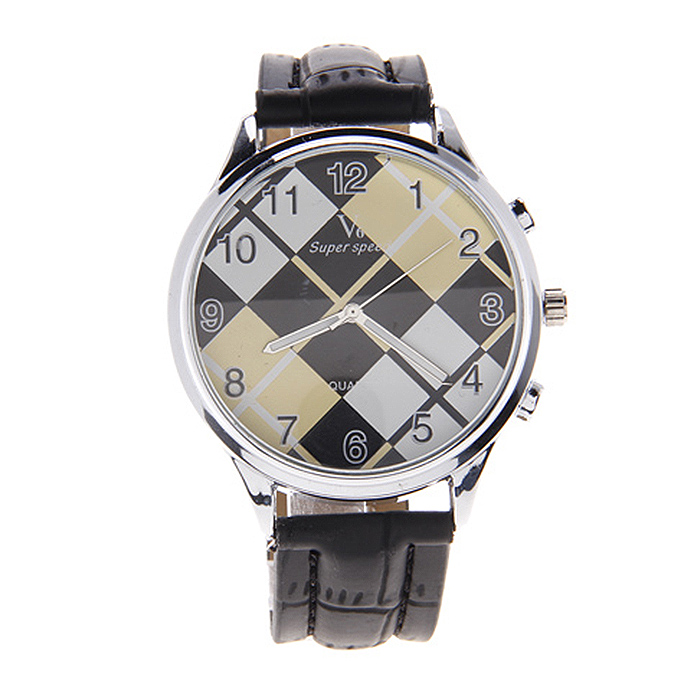 V6 Men's Analog Checkered Quartz Round Dial Leather Band Watch