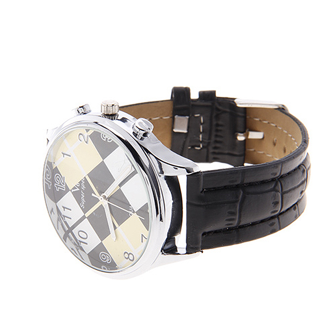 V6 Men's Analog Checkered Quartz Round Dial Leather Band Watch