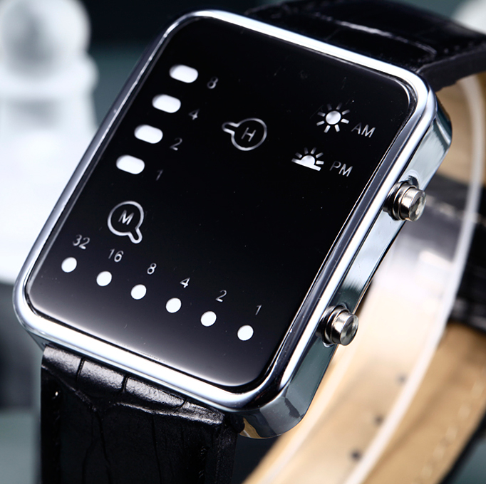 Unisex LED Binary System Display Wrist Watch with PU Watchband