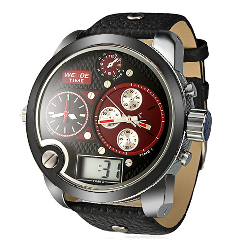 Men's Three Time Zone Analog-Digital PU Band Quartz Analog Watch