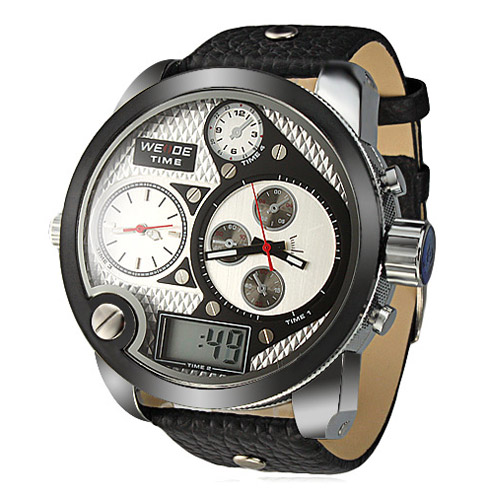 Men's Three Time Zone Analog-Digital PU Band Quartz Analog Watch
