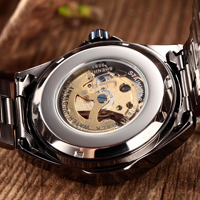 Men's Auto Mechanical Gold Dial Black Steel Band Analog Wrist Watch