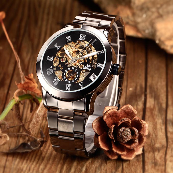Men's Analog Mechanical Wrist Watch with Silver Steel Band